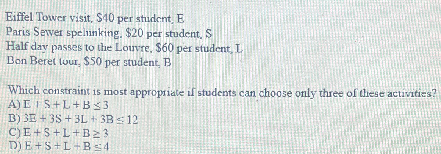 Solved Eiffel Tower visit, $40 ﻿per student, EParis Sewer | Chegg.com