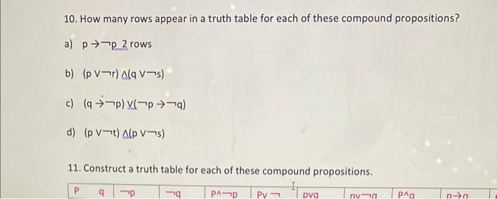 Solved 10. How many rows appear in a truth table for each of | Chegg.com