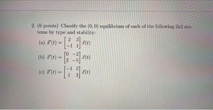 Solved 2. (6 points) Classify the (0,0) equilibrium of each | Chegg.com