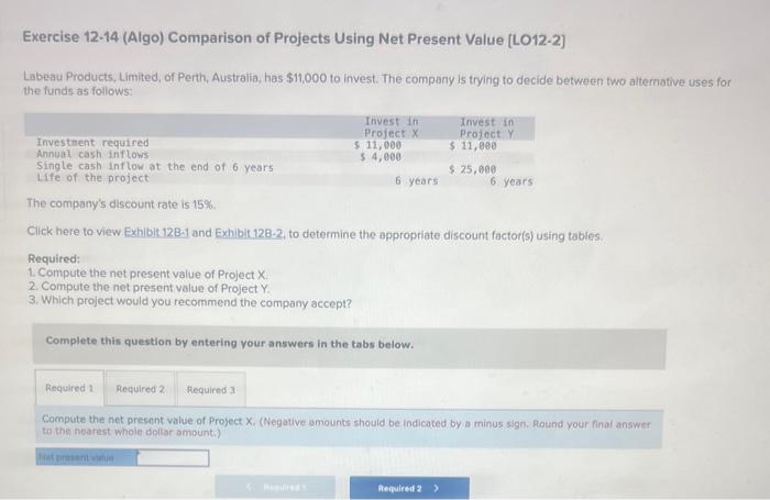 Solved Exercise 12-14 (Algo) Comparison of Projects Using | Chegg.com