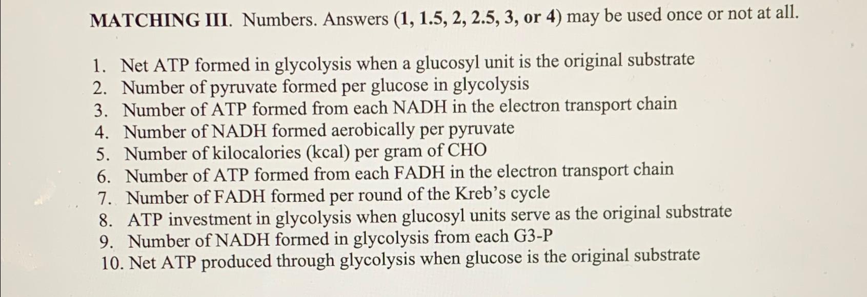 Solved MATCHING III. Numbers. Answers , ﻿or 4 ﻿may be used | Chegg.com