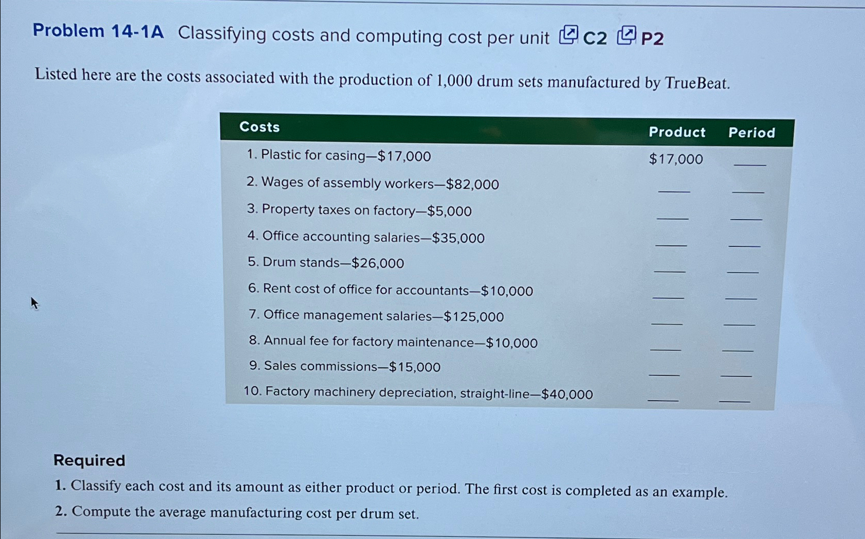 Solved Problem 14-1A Classifying costs and computing cost | Chegg.com