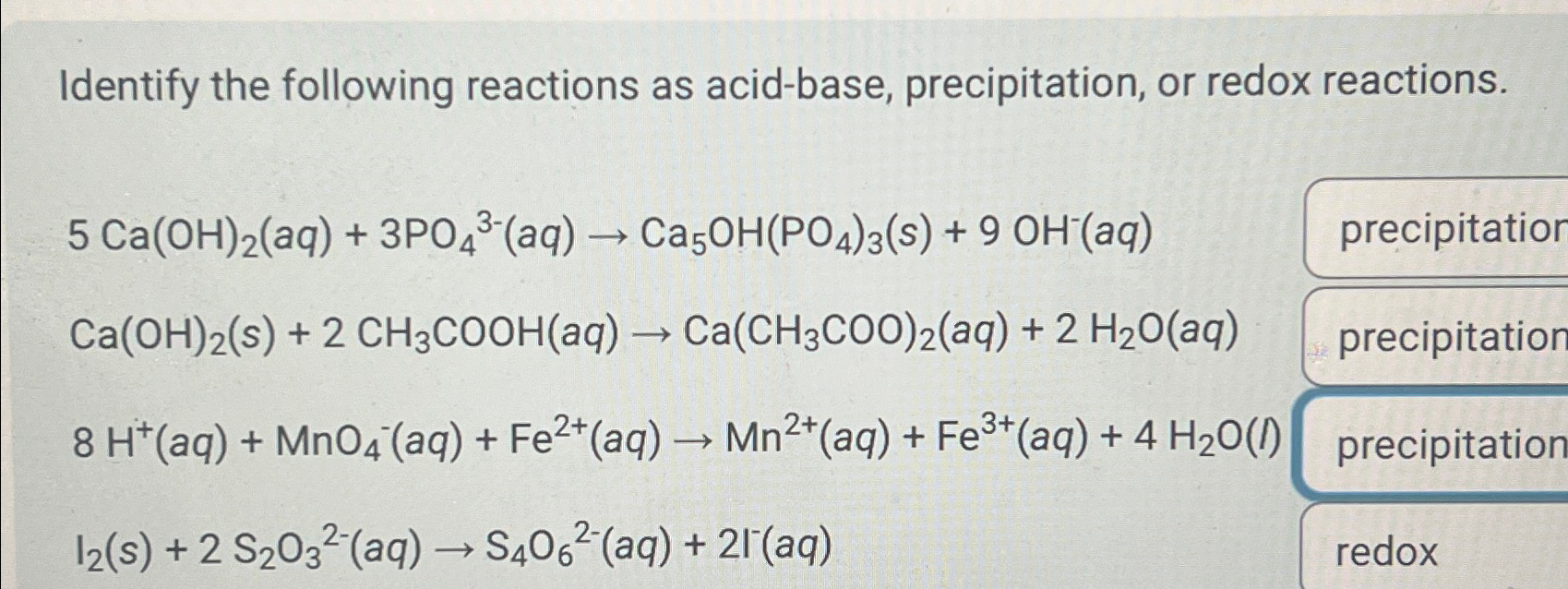 Solved Identify the following reactions as acid-base, | Chegg.com