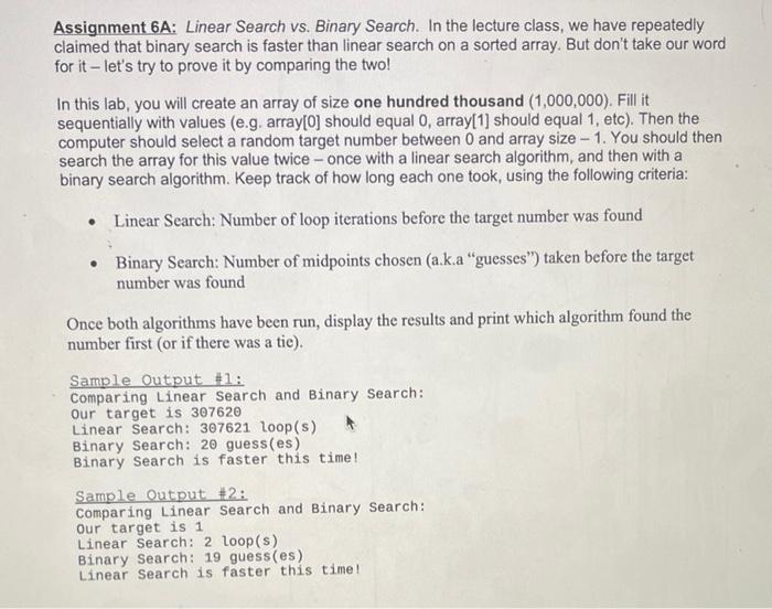 Solved Assignment 6A: Linear Search vs. Binary Search. In | Chegg.com