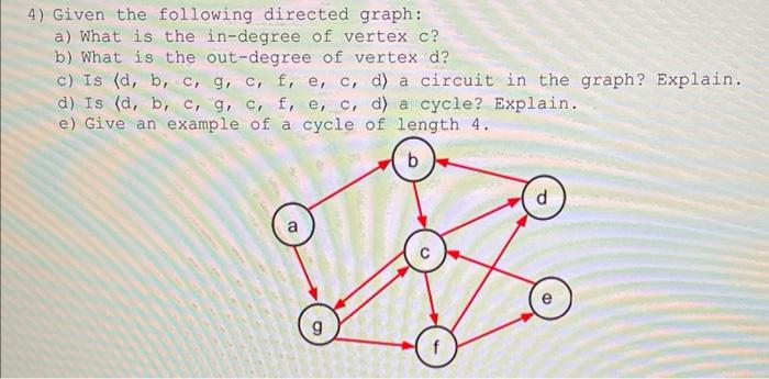 Solved 4) Given the following directed graph: a) What is the | Chegg.com