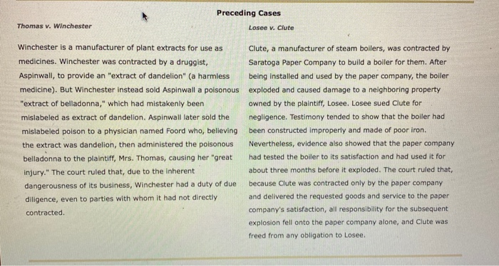 Preceding Cases Losee v. Clute Thomas v. Winchester | Chegg.com