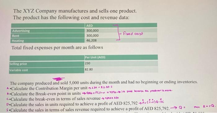 Solved The XYZ Company manufactures and sells one product. | Chegg.com