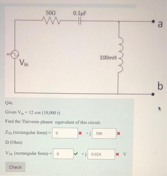 Solved Q4c Given Vin =12cos(10,000t) Find the Thévenin | Chegg.com