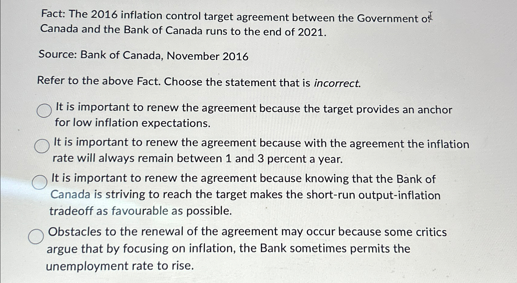 Solved Fact: The 2016 ﻿inflation control target agreement | Chegg.com