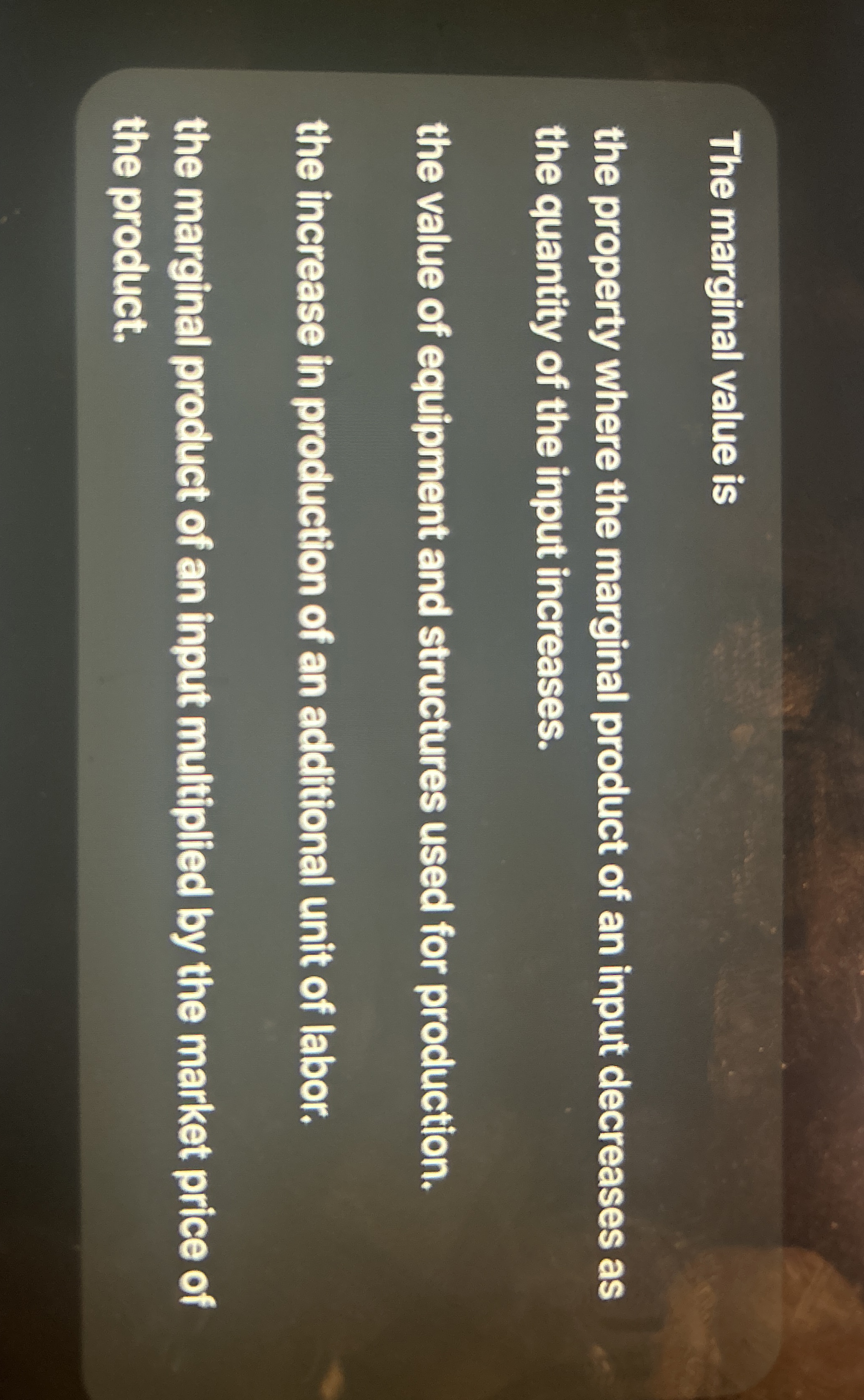 Solved El valor marginal es la propiedad según la cual el | Chegg.com