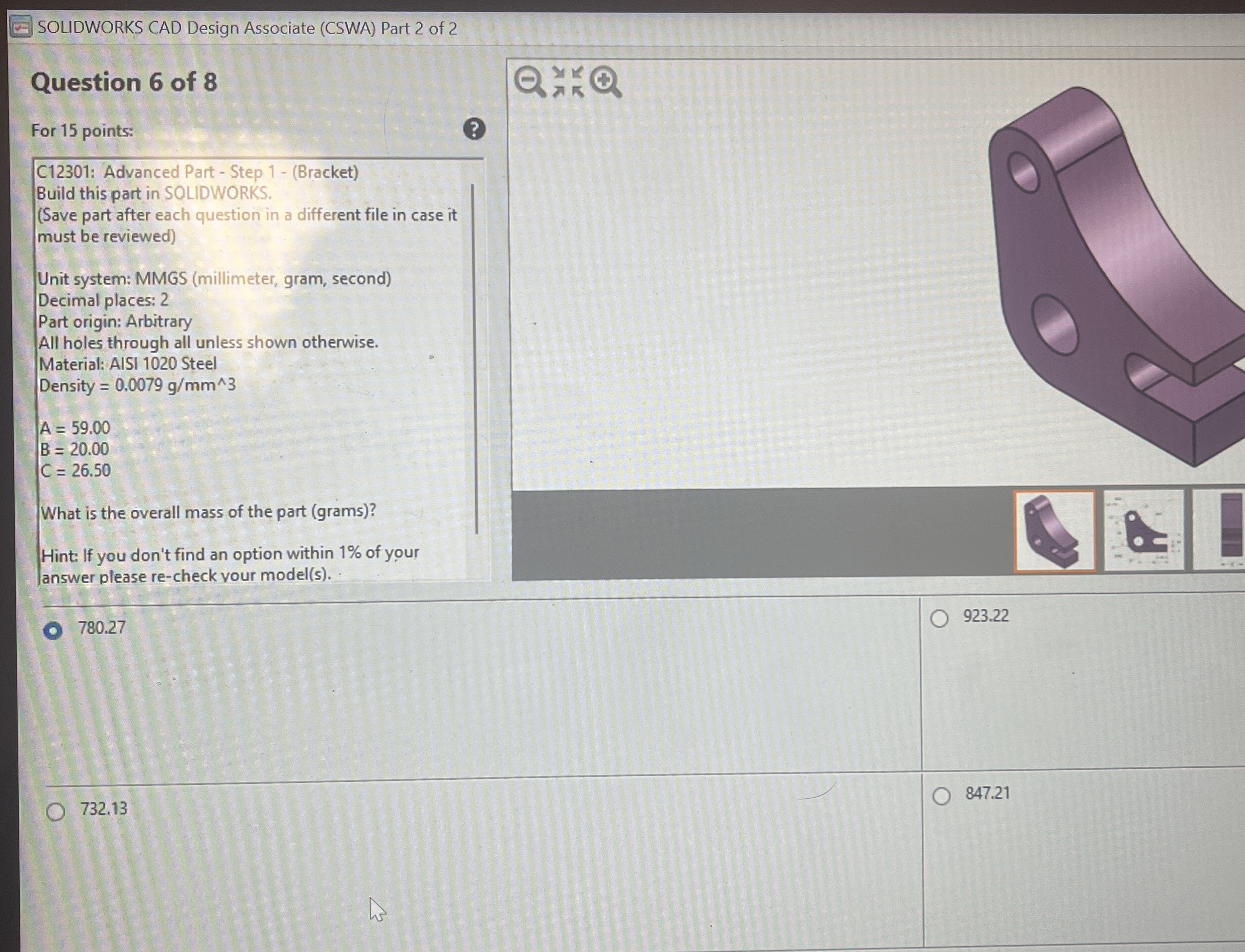 Solved SOLIDWORKS CAD Design Associate (CSWA) ﻿Part 2 ﻿of | Chegg.com