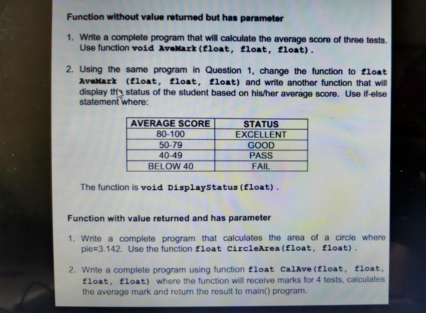 Solved Function without value returned but has parameter 1. | Chegg.com