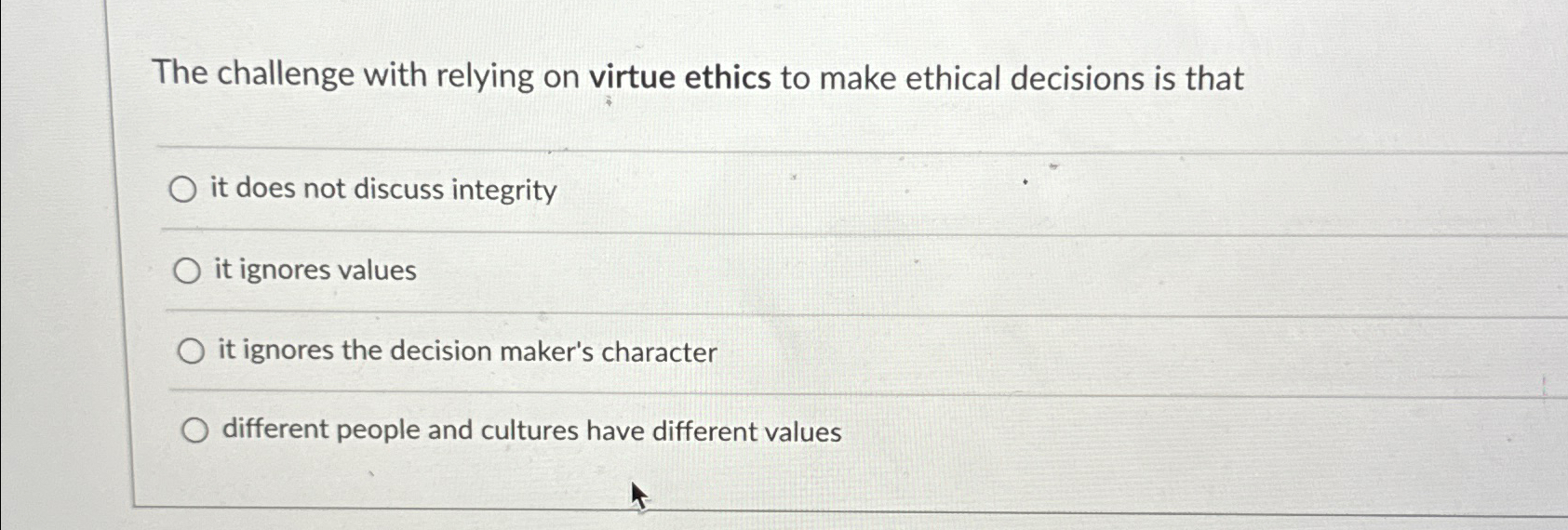 Solved The challenge with relying on virtue ethics to make | Chegg.com