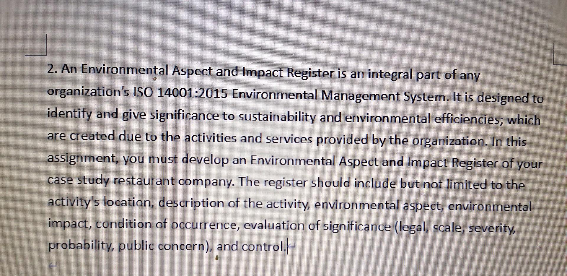 2. An Environmental Aspect and Impact Register is an | Chegg.com