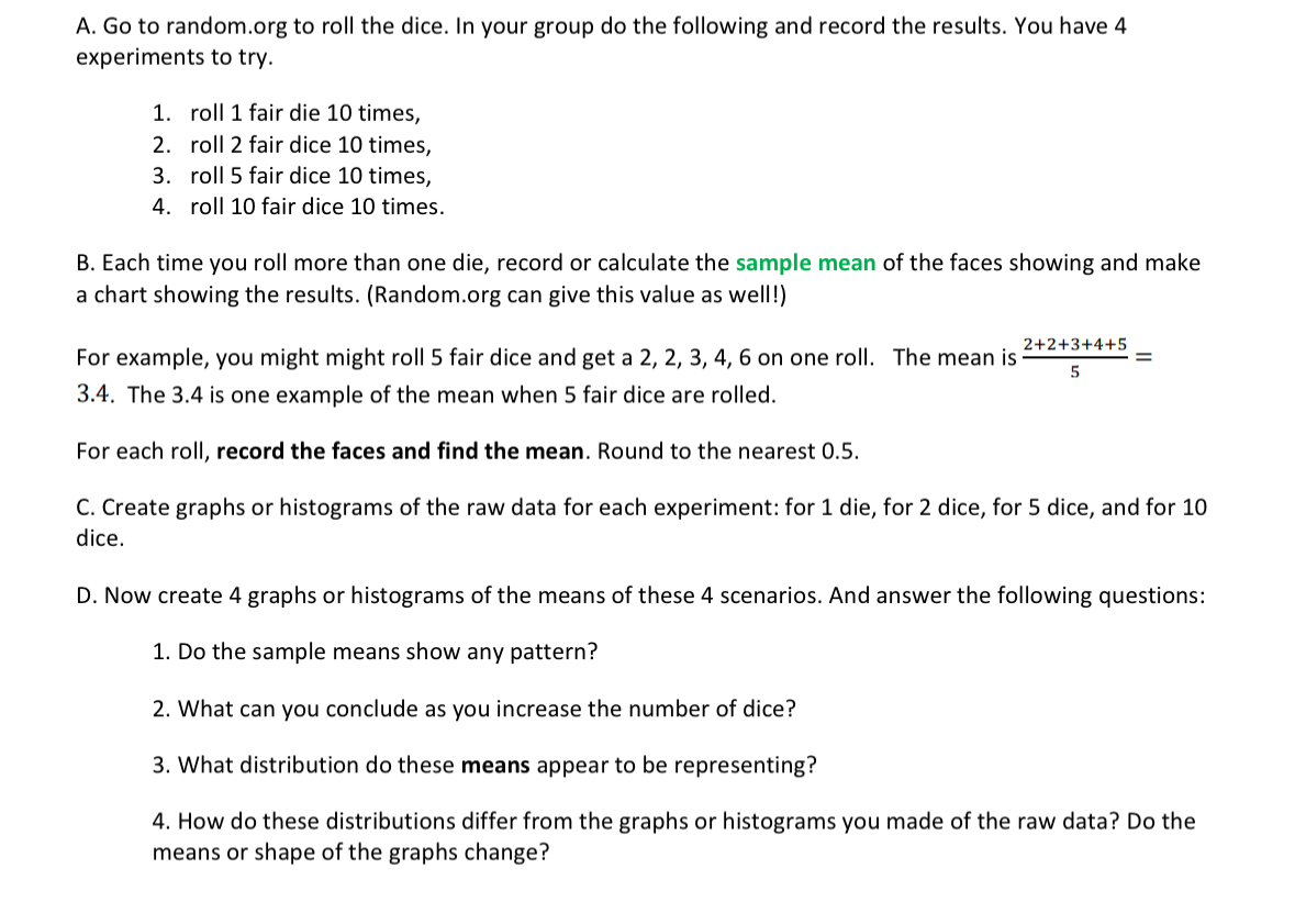 Solved A. ﻿Go to random.org to roll the dice. In your group | Chegg.com
