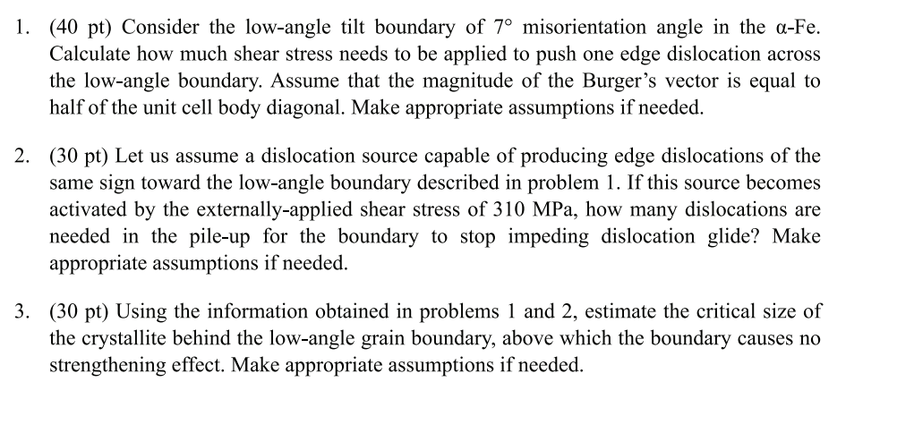 Solved (40 ﻿pt) ﻿Consider the low-angle tilt boundary of 7° | Chegg.com
