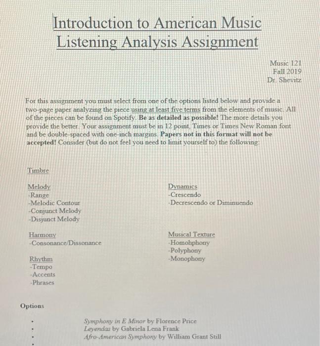 Introduction to American Music Listening Analysis | Chegg.com