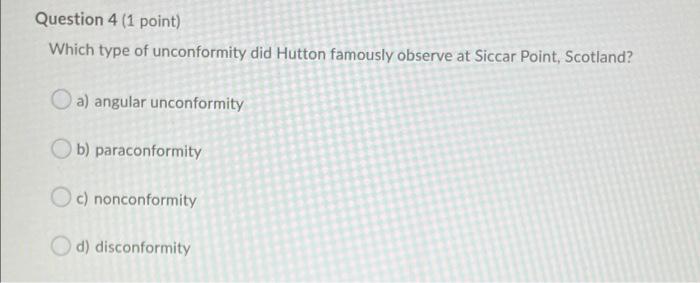 Solved Question 4 (1 point) Which type of unconformity did | Chegg.com