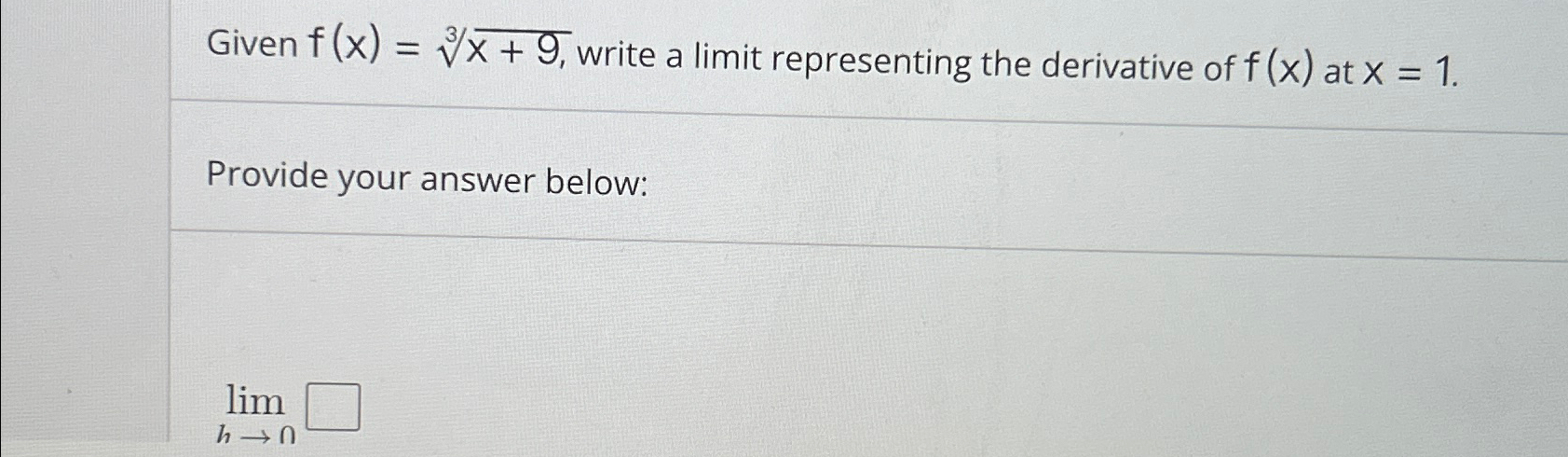 Solved Given f(x)=x+93, ﻿write a limit representing the | Chegg.com