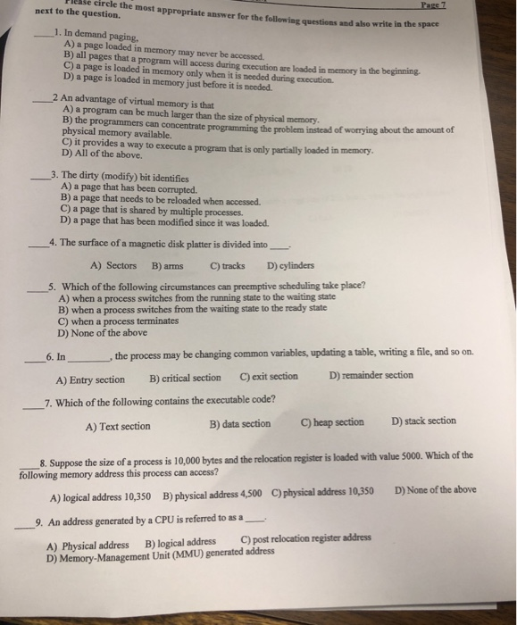 Solved Please circle the most appropriate answer for the | Chegg.com