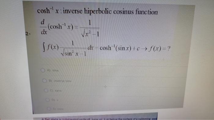 Solved cosh-'x: inverse hiperbolic cosinus function d 1 | Chegg.com