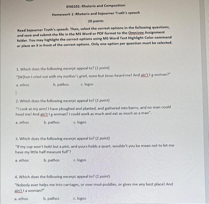 Read Sojourner Truth's speech. Then, select the | Chegg.com