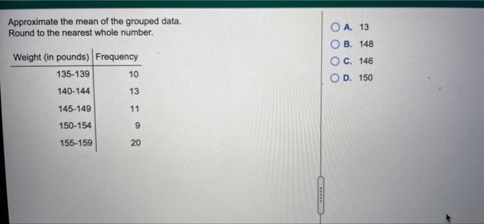Solved Approximate the mean of the grouped data. Round to | Chegg.com