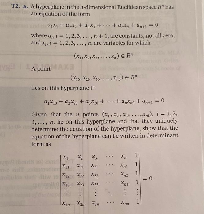 Solved T2. a. A hyperplane in the n-dimensional Euclidean | Chegg.com