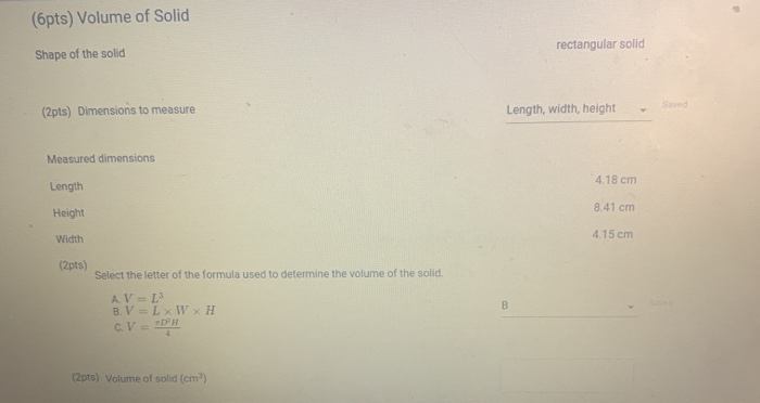 Solved (6pts) Volume of Solid rectangular solid Shape of the | Chegg.com