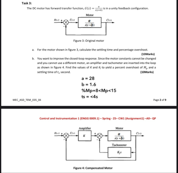 Solved Task 3:The DC motor has forward transfer function, | Chegg.com
