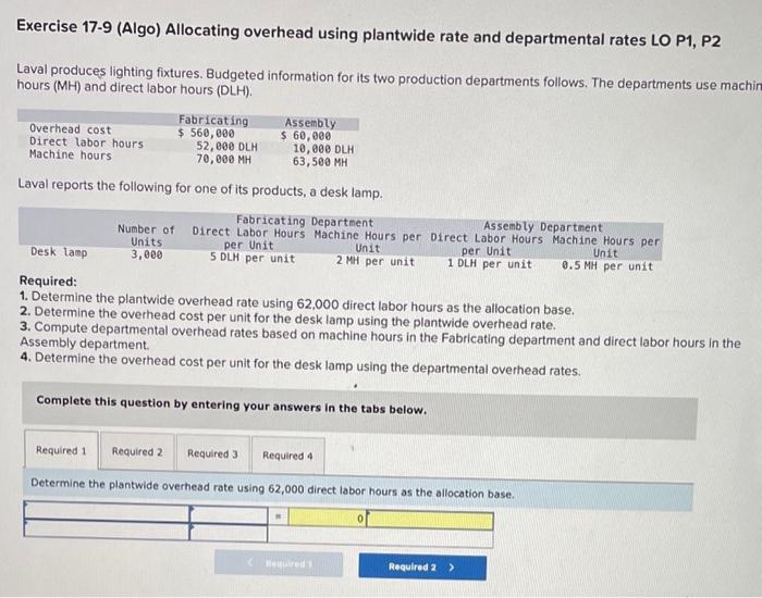 Solved Exercise 17-9 (Algo) Allocating overhead using | Chegg.com