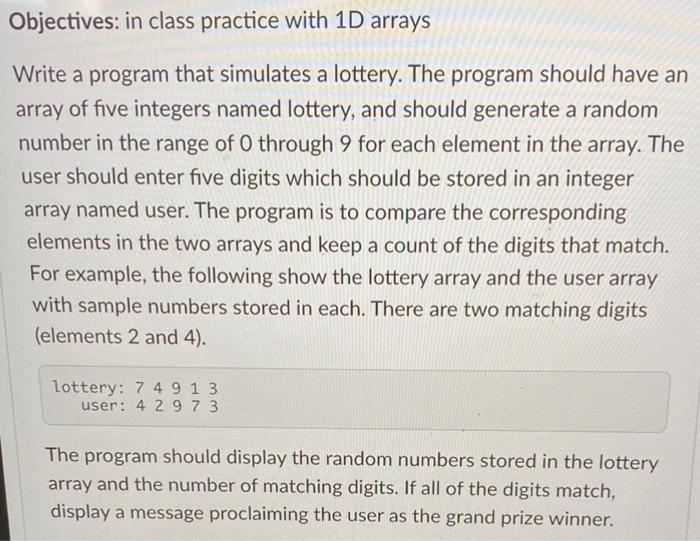 Solved Objectives: in class practice with 1D arrays Write a | Chegg.com