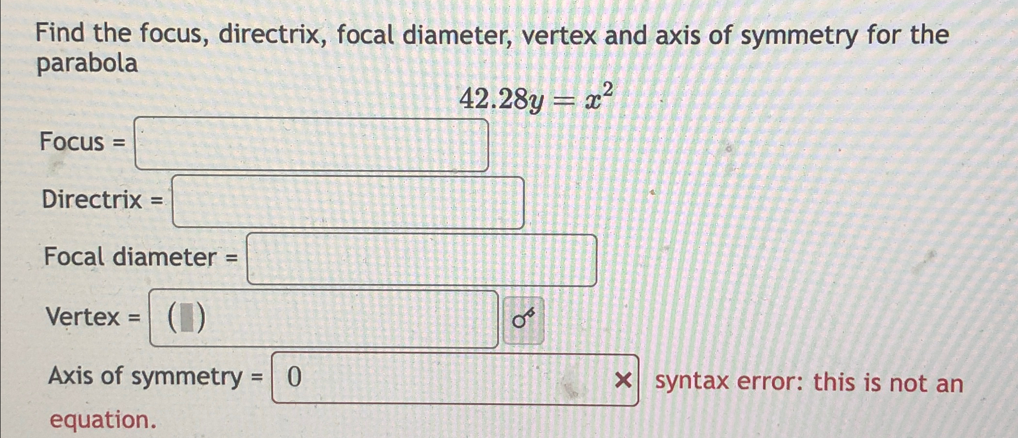 Solved Find the focus, directrix, focal diameter, vertex and | Chegg.com