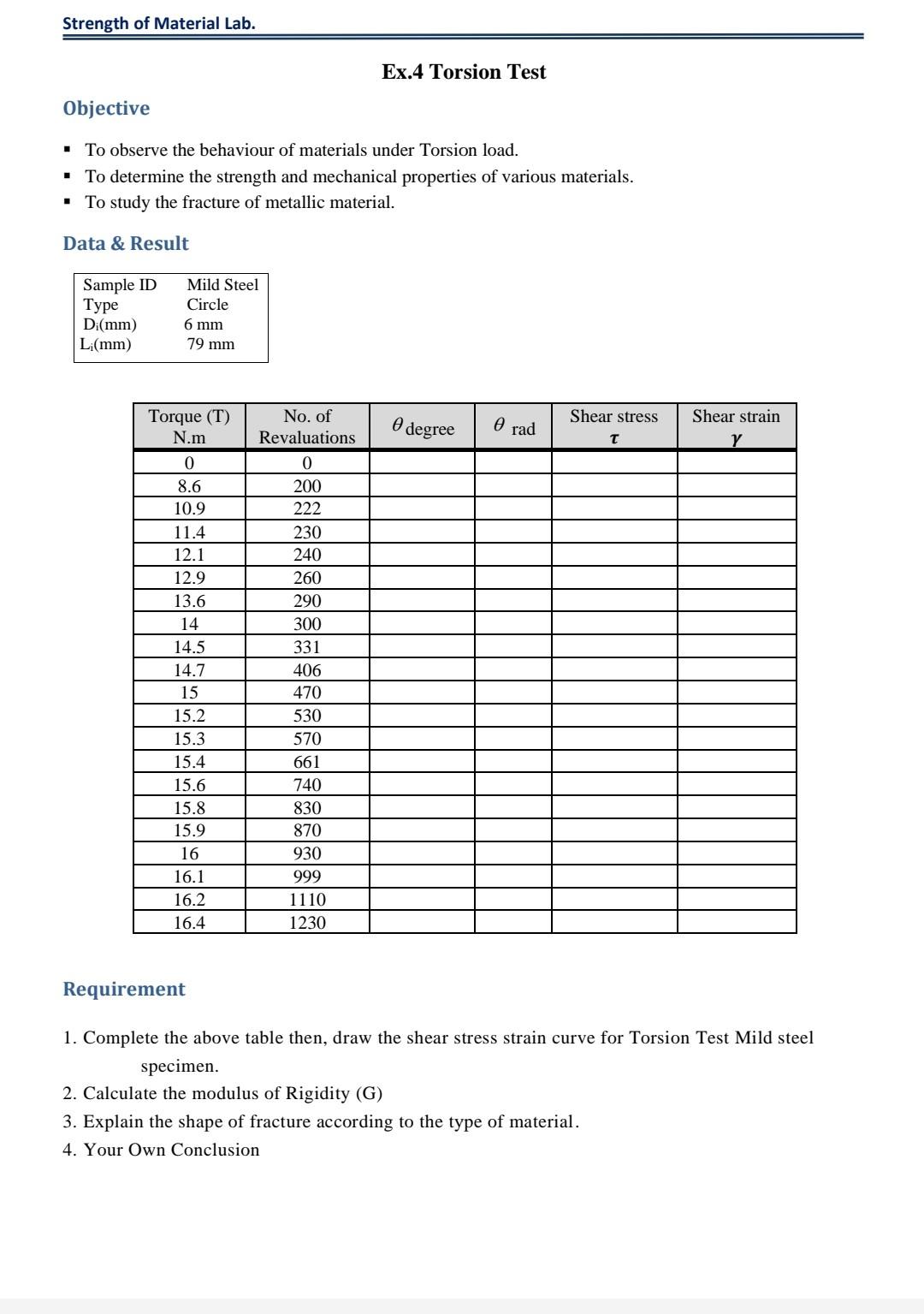 Solved Strength of Material Lab. Ex.4 Torsion Test Objective | Chegg.com