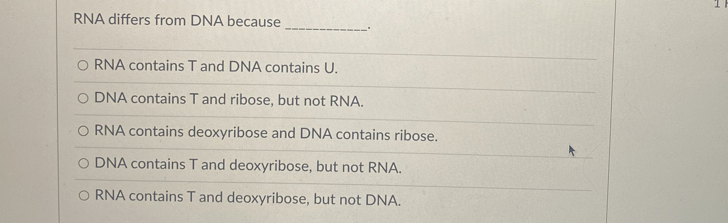 Solved RNA differs from DNA because q,RNA contains T and DNA | Chegg.com