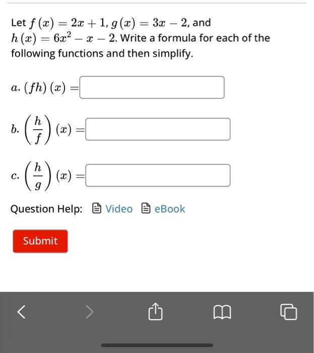 Solved Let f(x)=6x−2 and g(x)=4x+4. Write a formula for each | Chegg.com