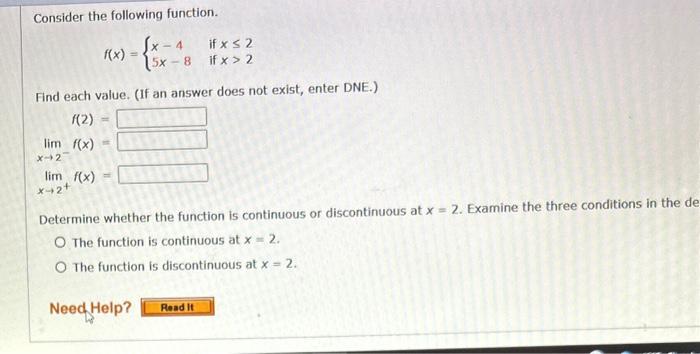 Solved Consider the following function. f(x)={x−45x−8 if x≤2 | Chegg.com