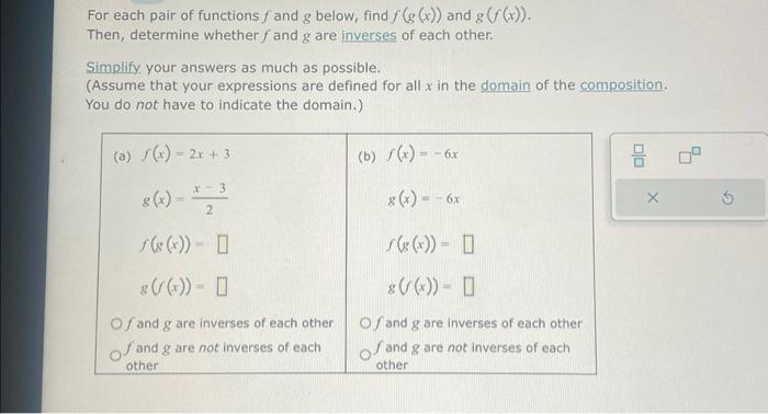 Solved For each pair of functions f and g below, find | Chegg.com
