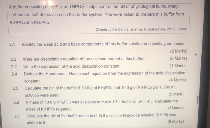 Solved A buffer consisting of H2PO4 and HPO42. helps control | Chegg.com