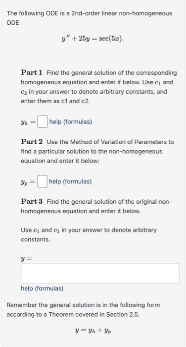 Solved The following ODE is a 2 nd-order linear | Chegg.com