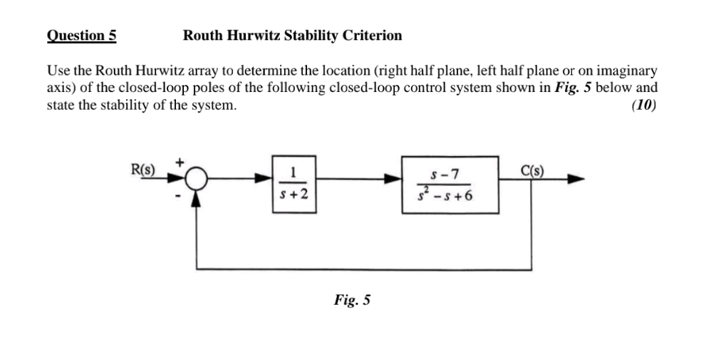 Solved Question 5Routh Hurwitz Stability CriterionUse the | Chegg.com
