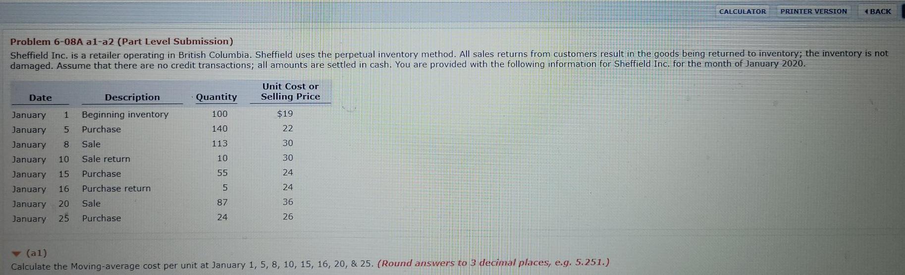 Solved CALCULATOR PRINTER VERSION BACK Problem 6-08A al-a2 | Chegg.com