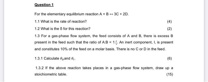 Solved Question 1 For the elementary equilibrium reaction A | Chegg.com