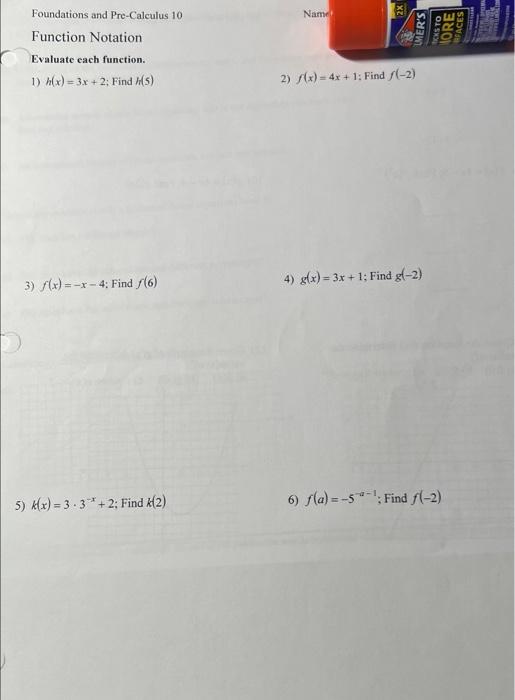 Solved Foundations and Pre-Calculus 10 Function Notation | Chegg.com