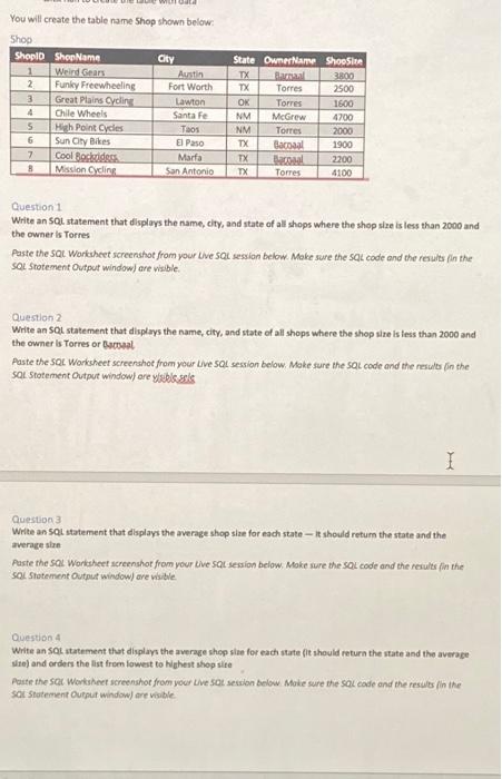 Solved You will create the table name Shop shown beilow: | Chegg.com
