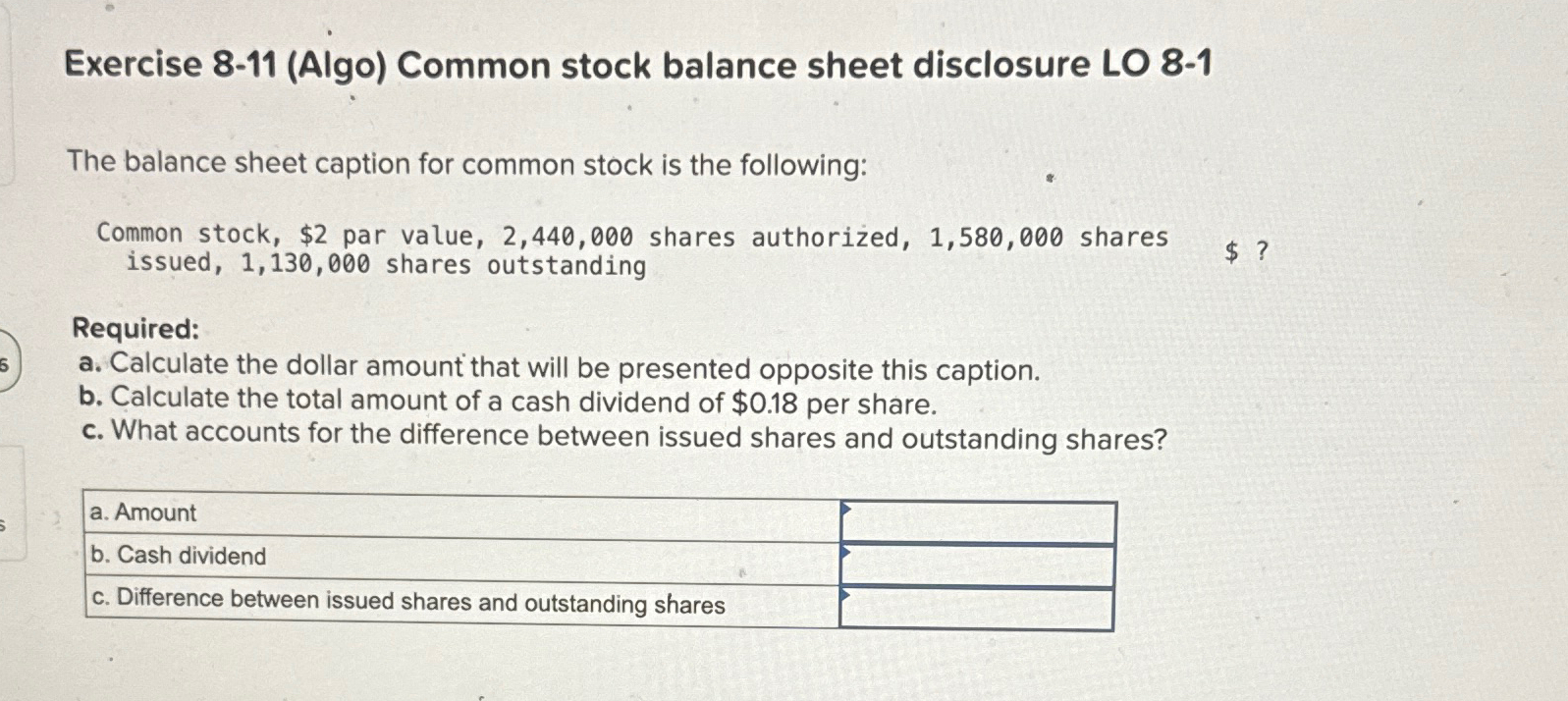 Solved Exercise 8-11 (Algo) ﻿Common stock balance sheet | Chegg.com