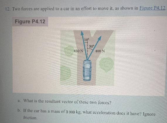 Solved 12. Two forces are applied to a car in an effort to | Chegg.com