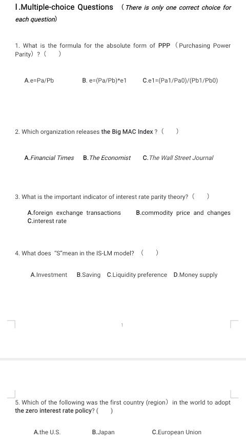 Solved I.Multiple-choice Questions (There is only one | Chegg.com