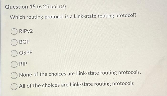 Solved Question 15 (6.25 points) Which routing protocol is a | Chegg.com