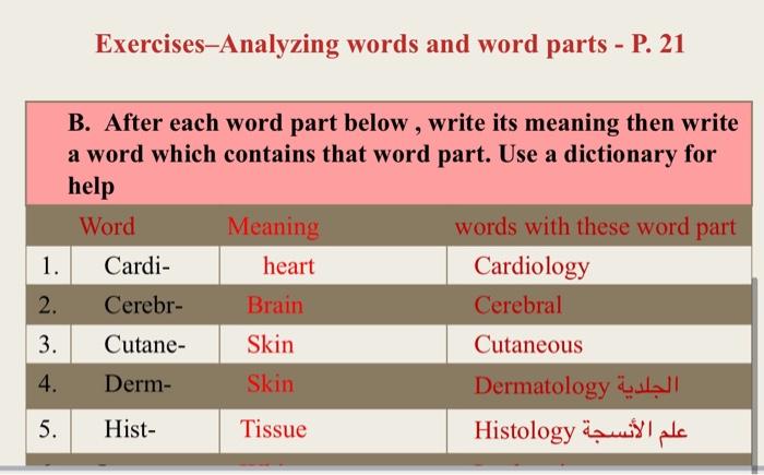 Solved Exercises-Analyzing words and word parts - P. 21 B. | Chegg.com